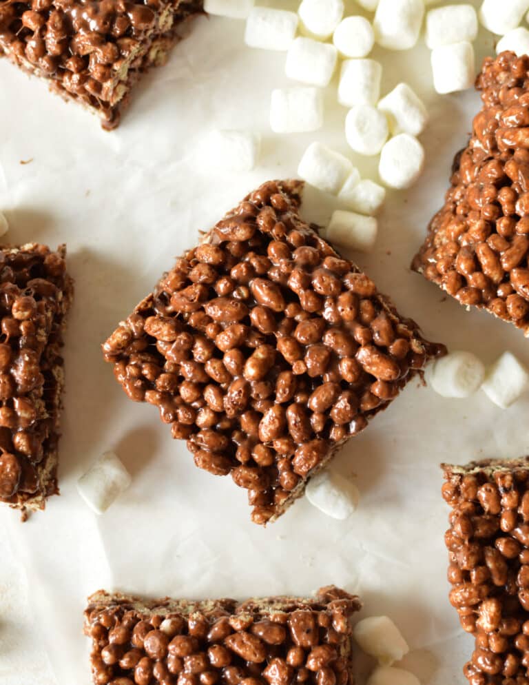 Chocolate Protein Rice Crispy Treats - caramel and cashews