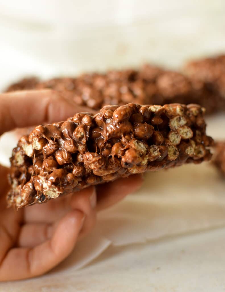 Chocolate Protein Rice Crispy Treats - caramel and cashews