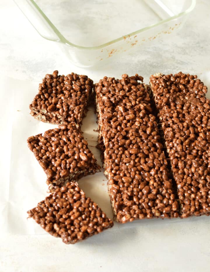 Chocolate Protein Rice Crispy Treats - caramel and cashews