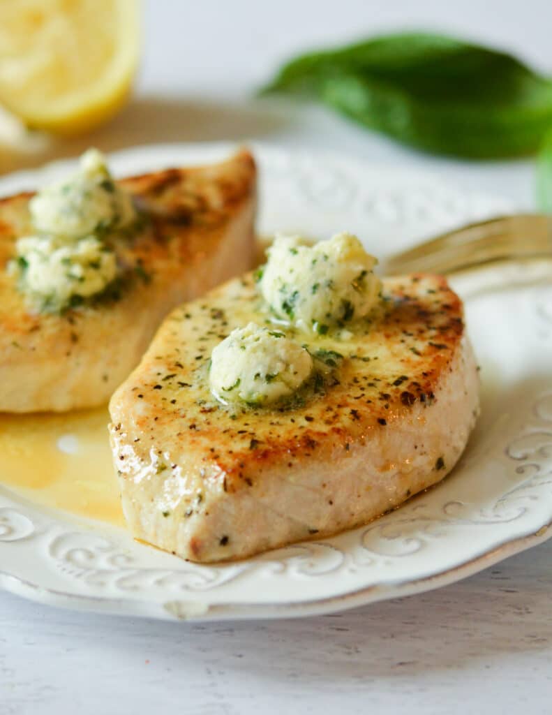 Baked Swordfish with Lemon Basil Butter - caramel and cashews