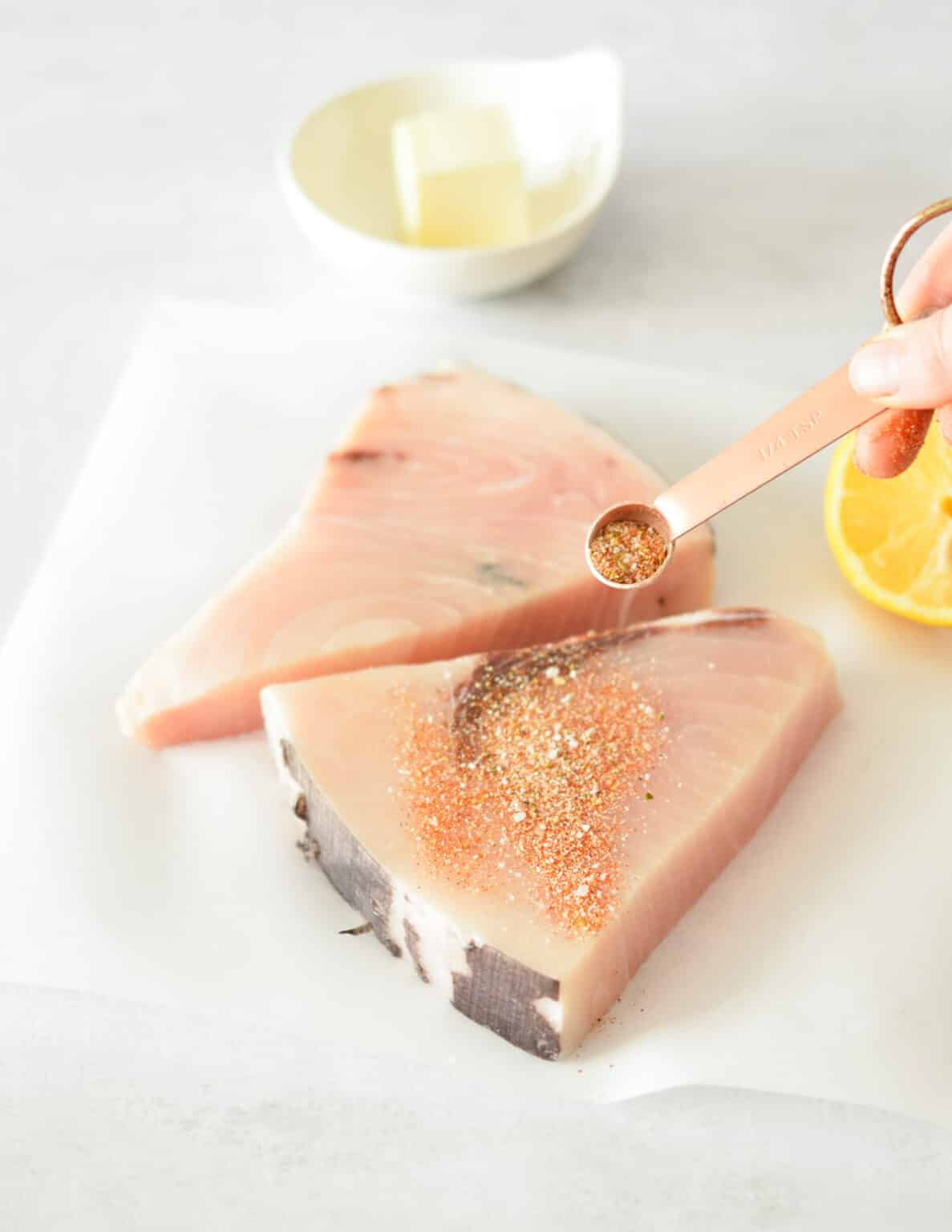 Blackened Swordfish with Cajun Butter - caramel and cashews