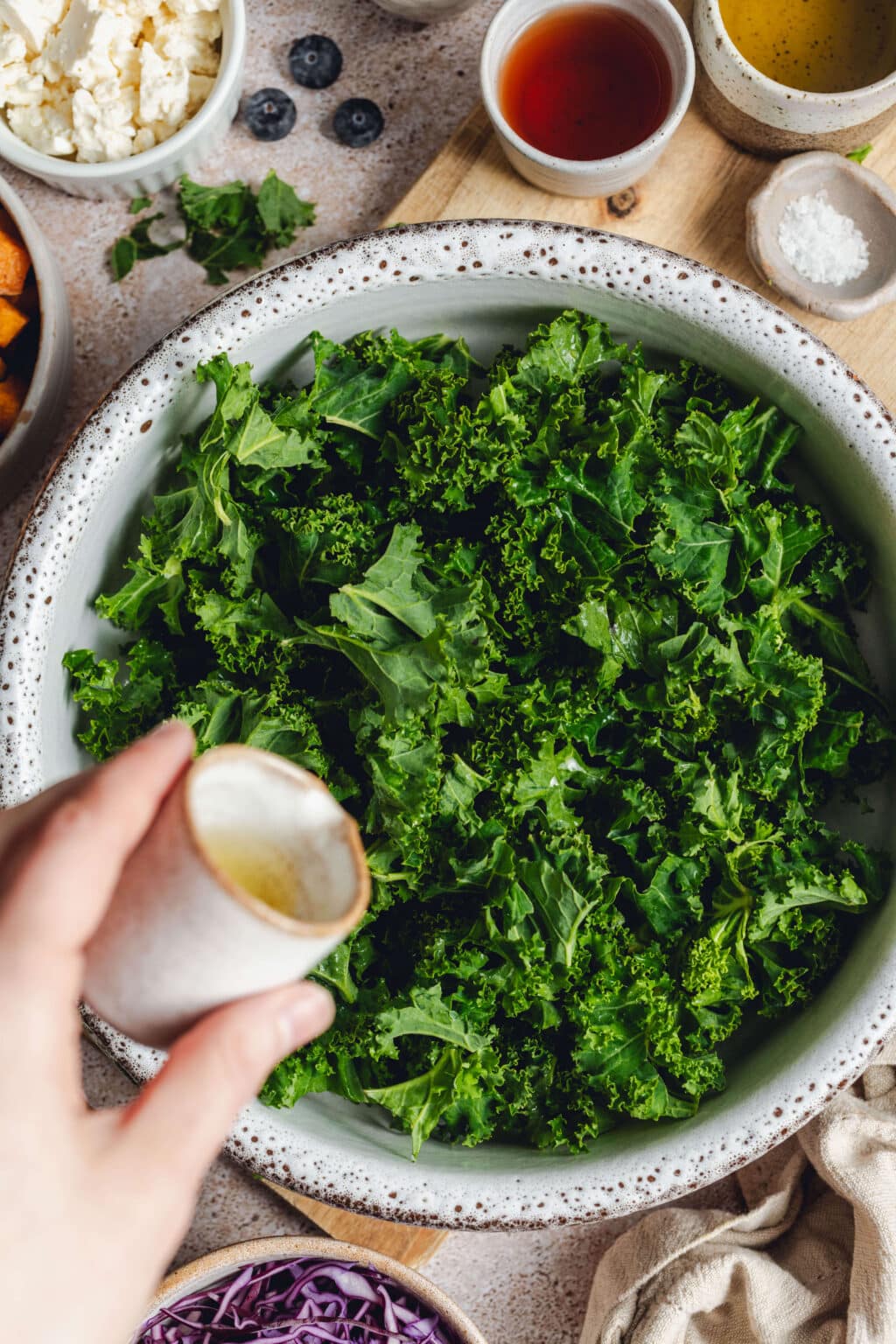 Sweet Potato Kale Salad with Basil Honey Vinaigrette - caramel and cashews