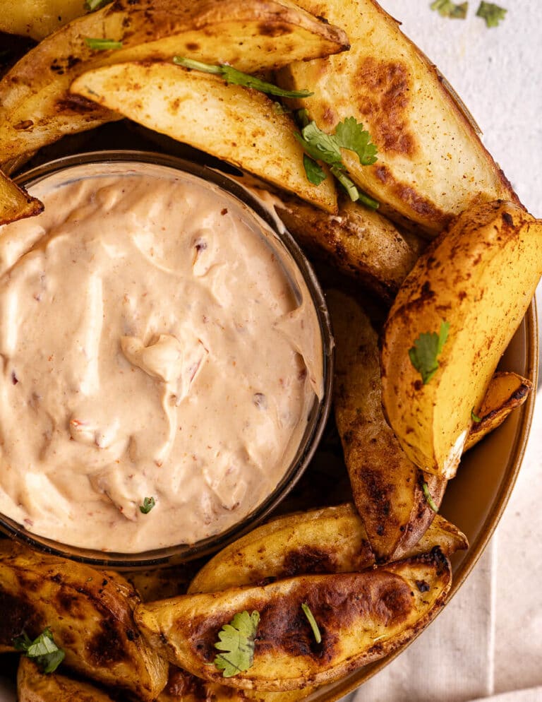 Oven Baked Potato Wedges with Chipotle Sauce - caramel and cashews
